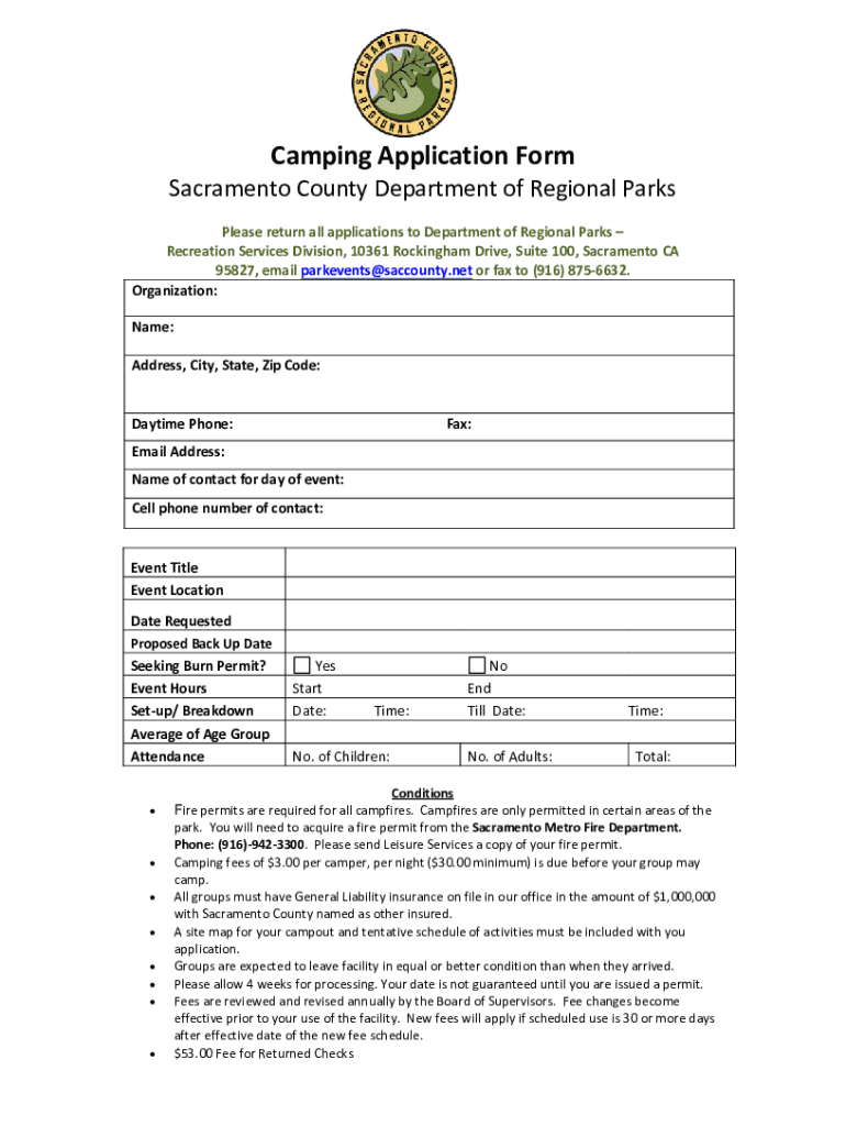 CA Camping Application Form - Sacramento - Fill Online, Printable, Fillable, Blank - pdfFiller