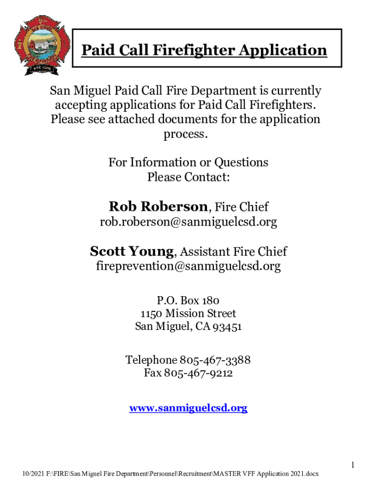 Fillable Online Paid Call Firefighter Application - San Miguel CSD Fax ...