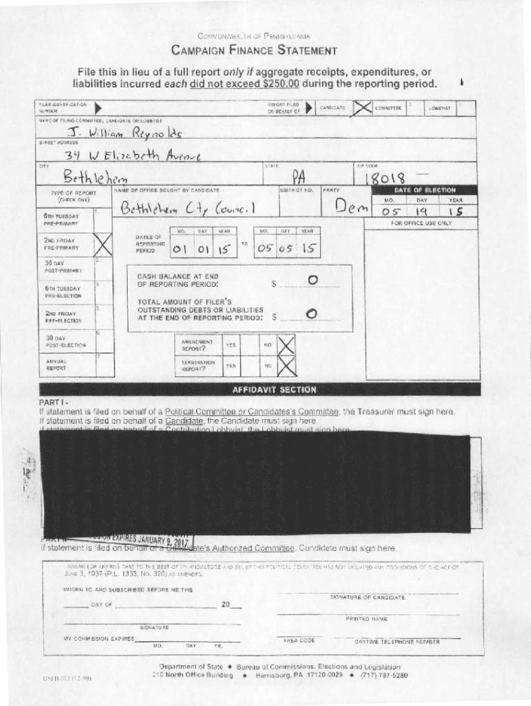 Fillable Online CAMPAIGN hlNANCE STATEMENT File this In lieu of a full ...