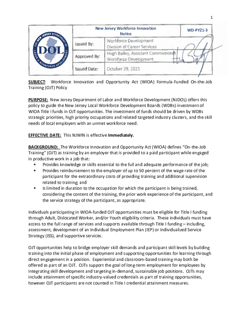 Fillable Online SUBJECT: Workforce Innovation and Opportunity Act (WIOA ...