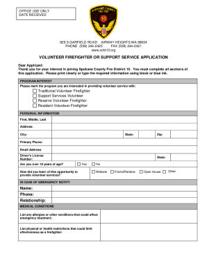 WA Volunteer Firefighter Or Support Service Application - Spokane ...
