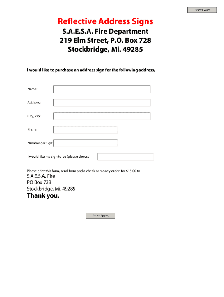Fillable Online Reflective Address Signs - GOOD WILL FIRE CO. NO. 1 OF ...