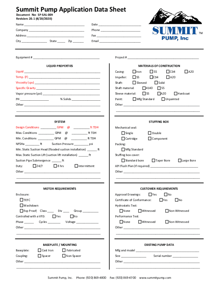 Fillable Online summitpump.com wp-content uploadsSummit Pump Application Data Sheet Fax Email ...