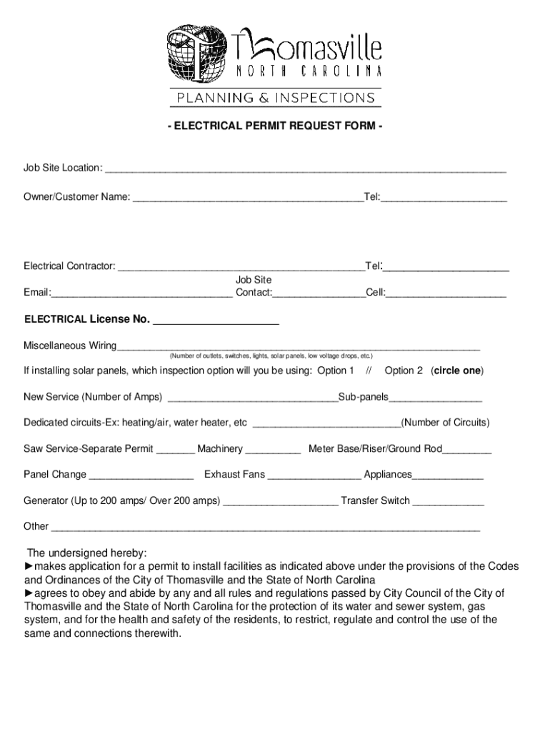 Fillable Online electrical permit request form - Thomasville-NC.gov Fax ...