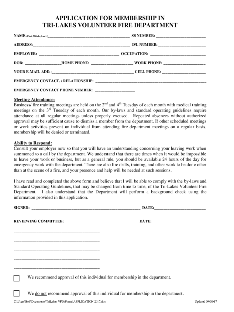 Fillable Online APPLICATION FOR MEMBERSHIP IN TRI-LAKES VOLUNTEER FIRE DEPARTMENT Fax Email ...