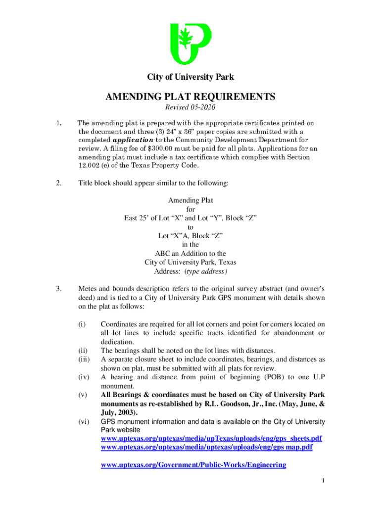 Fillable Online amending plat requirements - City of University Park ...