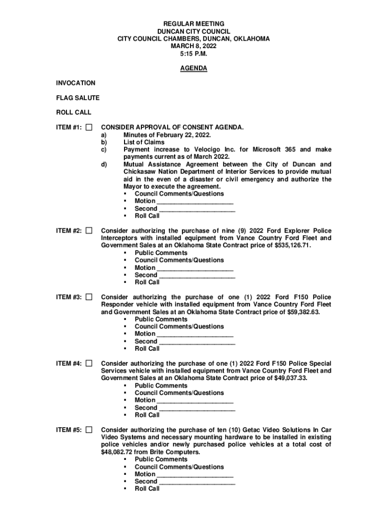 Fillable Online www.cityofduncan.compdfcouncilDUNCAN CITY COUNCIL CITY ...