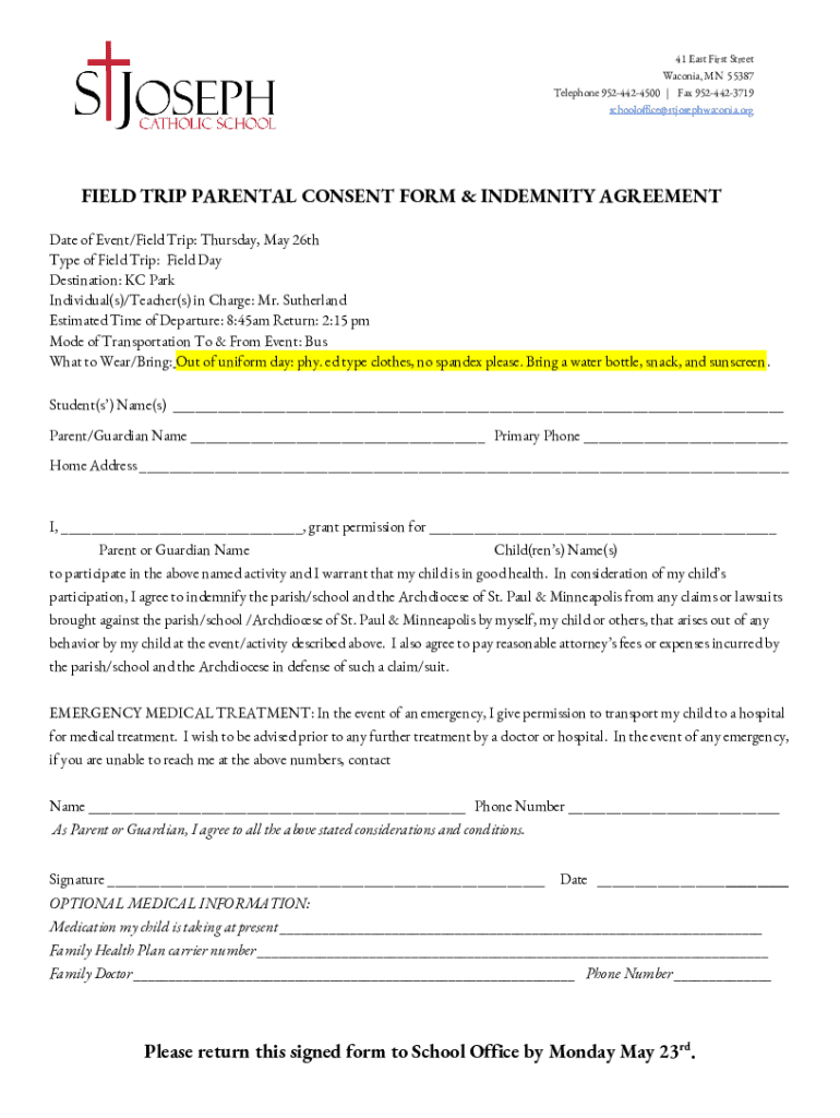 Fillable Online school stjosephwaconia FIELD TRIP PARENTAL CONSENT FORM & INDEMNITY Fax Email ...