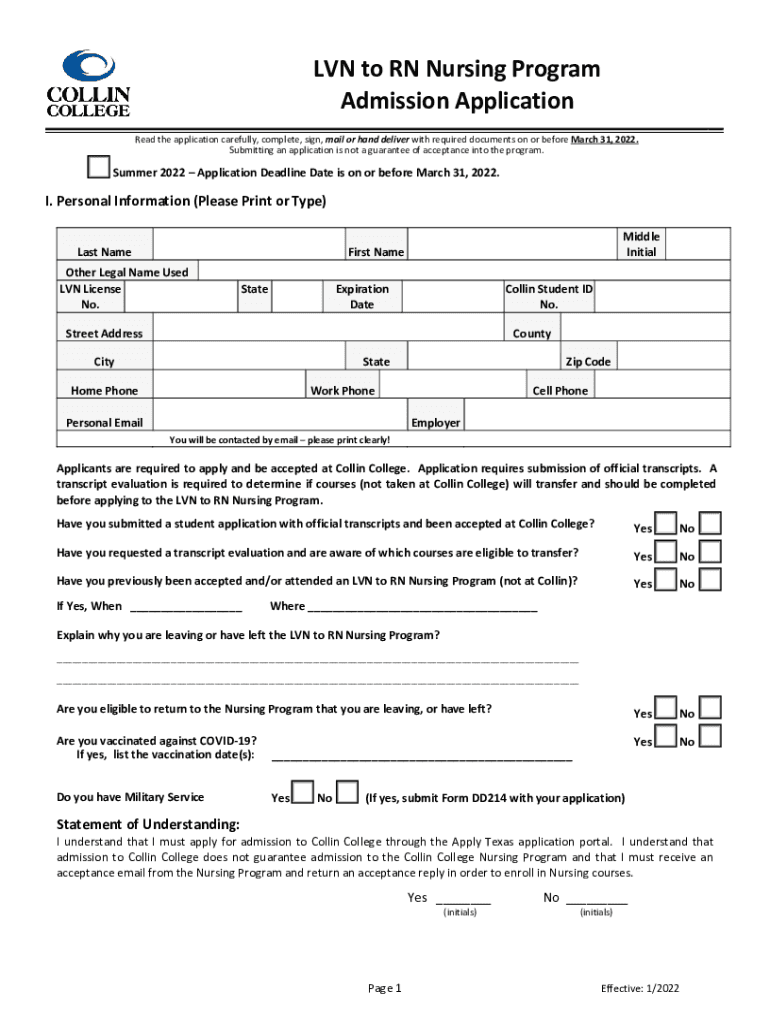 Fillable Online LVN to RN Application Checklist - collin.edu Fax Email ...