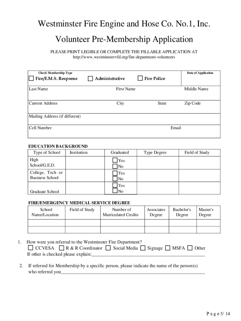 Pre-membership Application - Westminster Volunteer Fire Department ...
