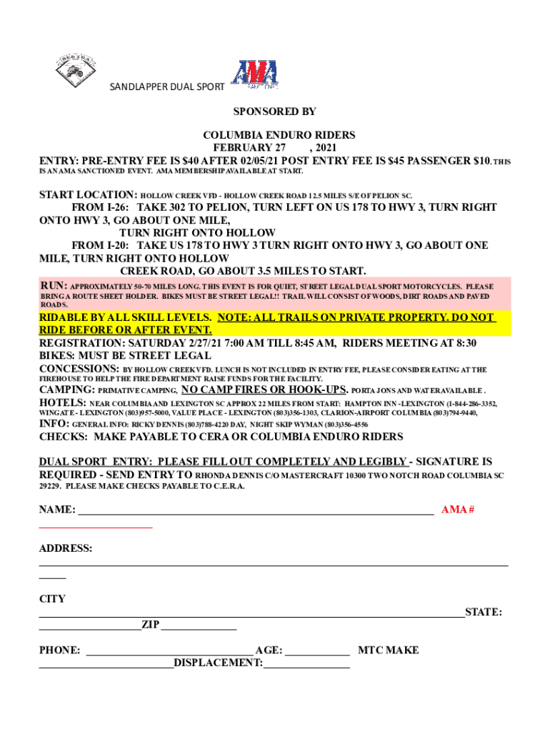 Fillable Online SANDLAPPER DUAL SPORT SPONSORED BY COLUMBIA ENDURO ...