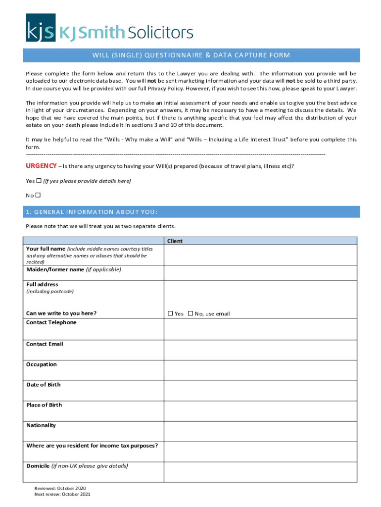 Fillable Online WILL (SINGLE) QUESTIONNAIRE & DATA CAPTURE FORM Fax ...