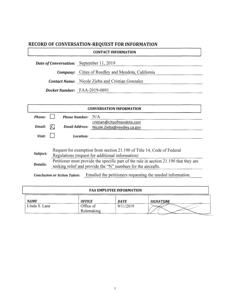 Fillable Online RECORD OF CONVERSATION-REQUEST FOR INFORMATION ... Fax ...