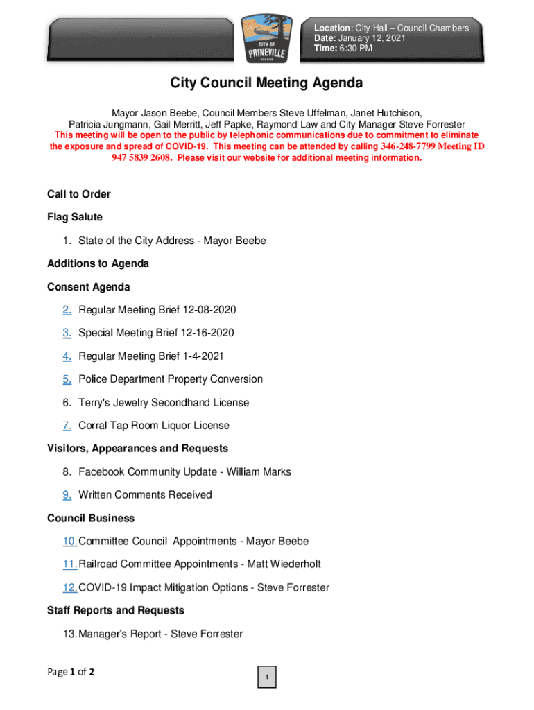 Fillable Online Mayor Jason Beebe, Council Members Steve Uffelman ...