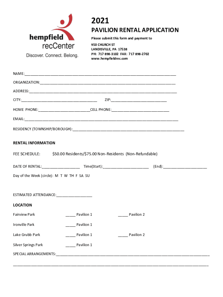 Fillable Online PAVILION RENTAL APPLICATION/AGREEMENT - Lemont Park District Fax Email Print ...