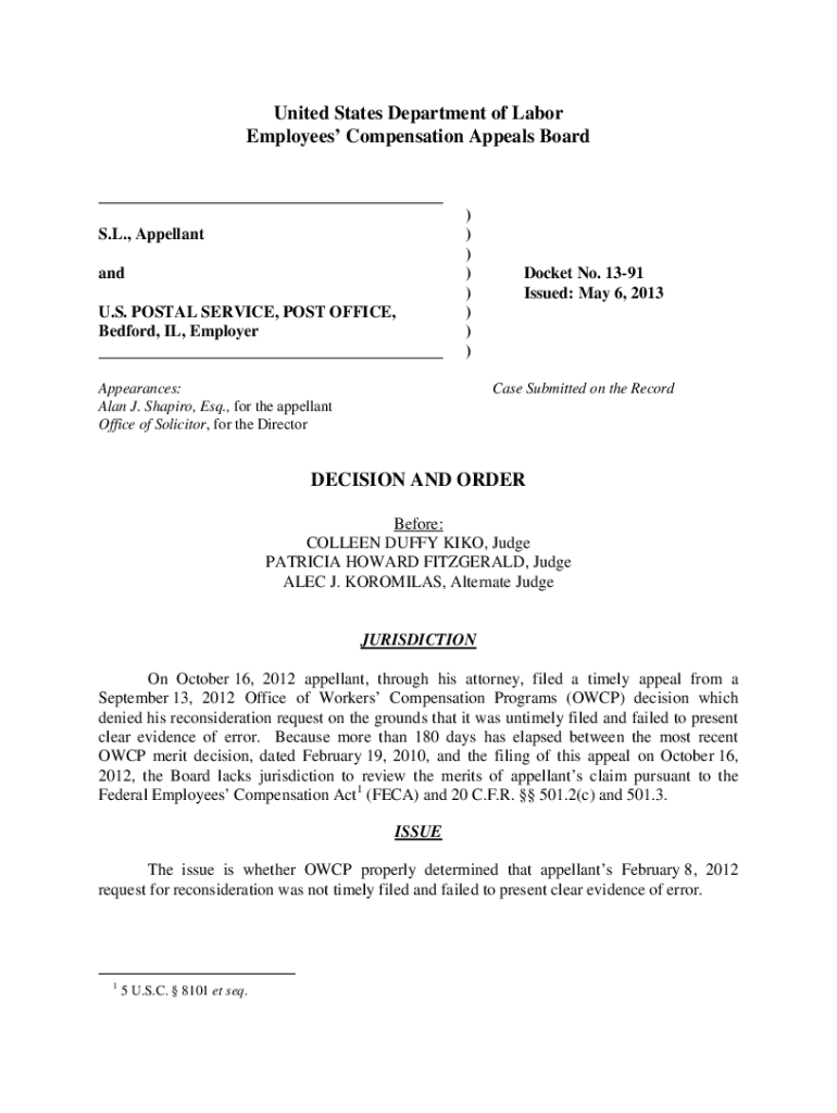 Fillable Online 13-0091: S.L. and U.S. POSTAL SERVICE, POST OFFIC ...