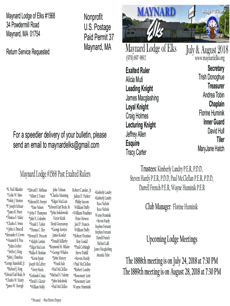Fillable Online Elks Lodge in Maynard, 34 Powder Mill Rd. Location ...