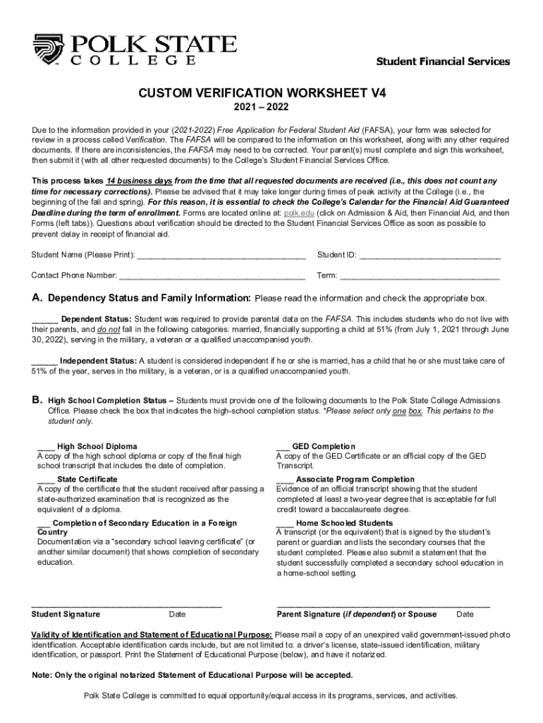 Fillable Online 2021-2022 Form #4 - Custom Verification Worksheet Fax Email Print - pdfFiller