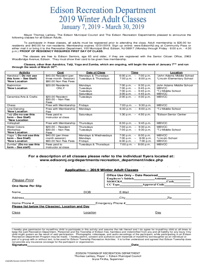 Fillable Online Mayor Thomas... - Edison Township Recreation Department ...