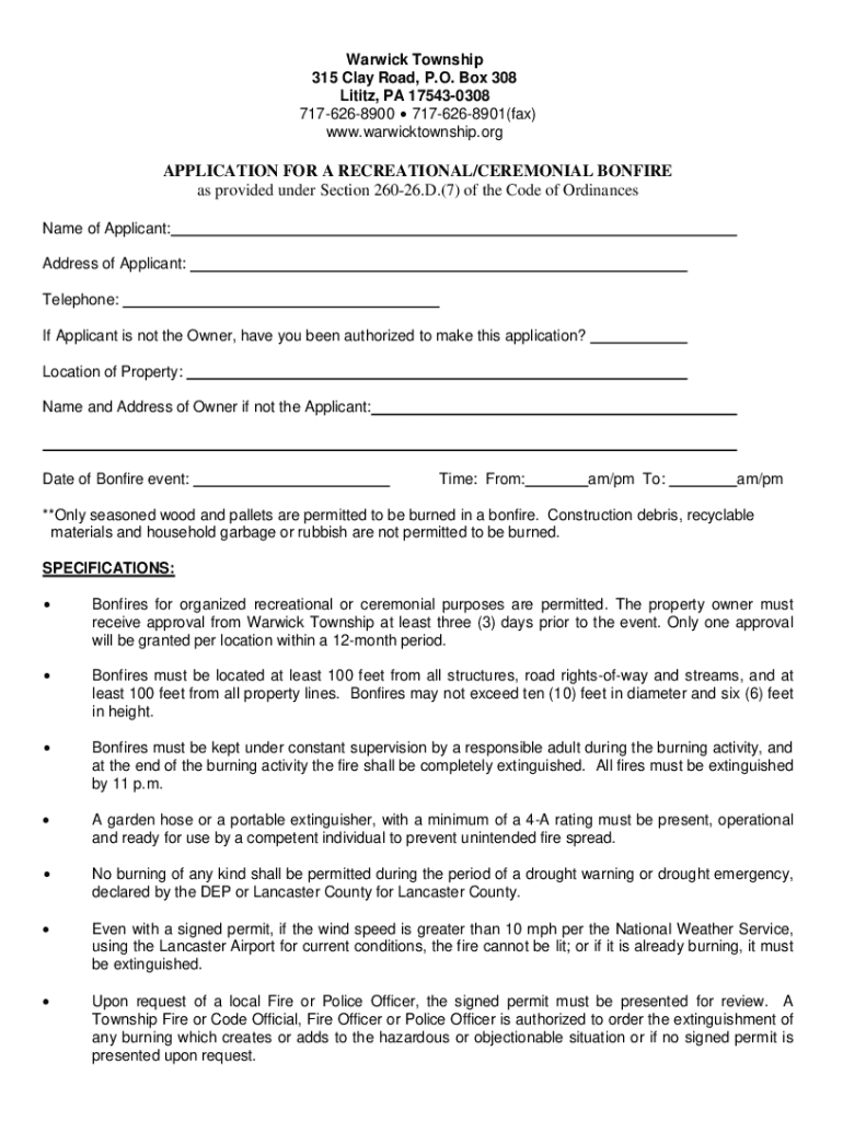 Fillable Online APPLICATION FOR A RECREATIONAL/CEREMONIAL BONFIRE as ...
