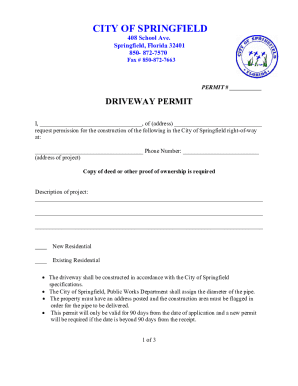 Fillable Online DRIVEWAY PERMIT APPLICATION - City of Springfield ...