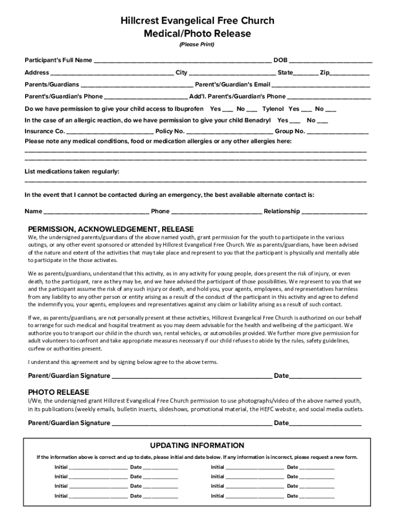 Fillable Online Hillcrest Evangelical Free Church Medical/Photo Release ...