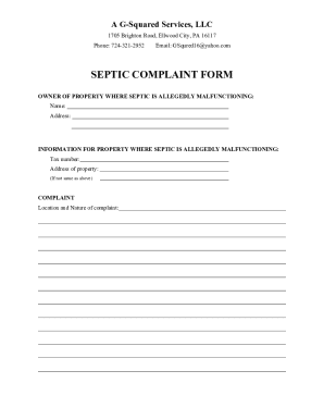 Fillable Online SEPTIC COMPLAINT FORM Fax Email Print - pdfFiller