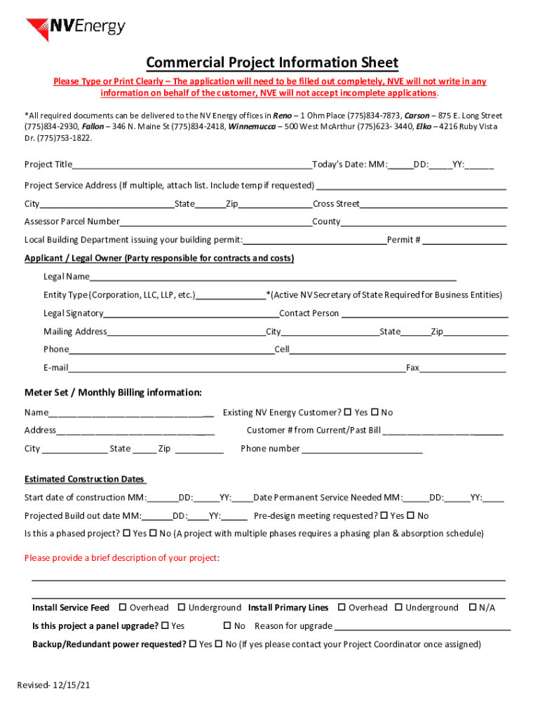 Fillable Online Commercial Project Information Sheet. Commercial ...
