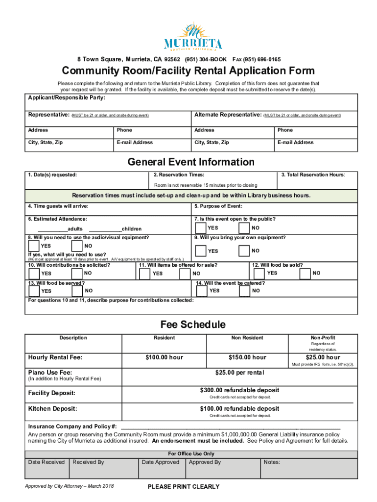 Fillable Online Community Room/Facility Rental Application Form Fax ...