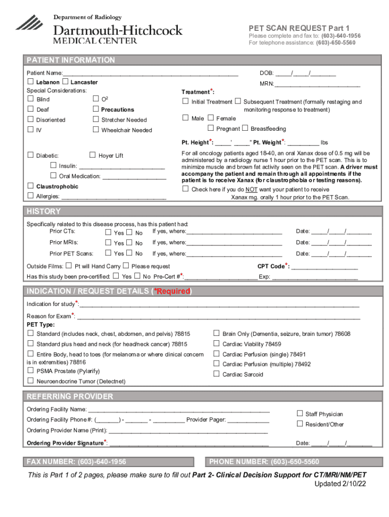 Fillable Online Dartmouth-Hitchcock Medical Center PET Scan Request ...