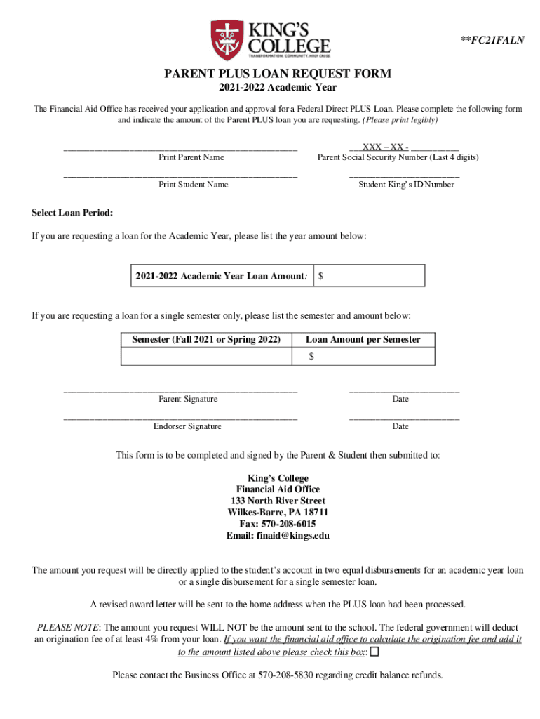Fillable Online PARENT PLUS LOAN AUTHORIZATION FORM 2021-2022Federal ...