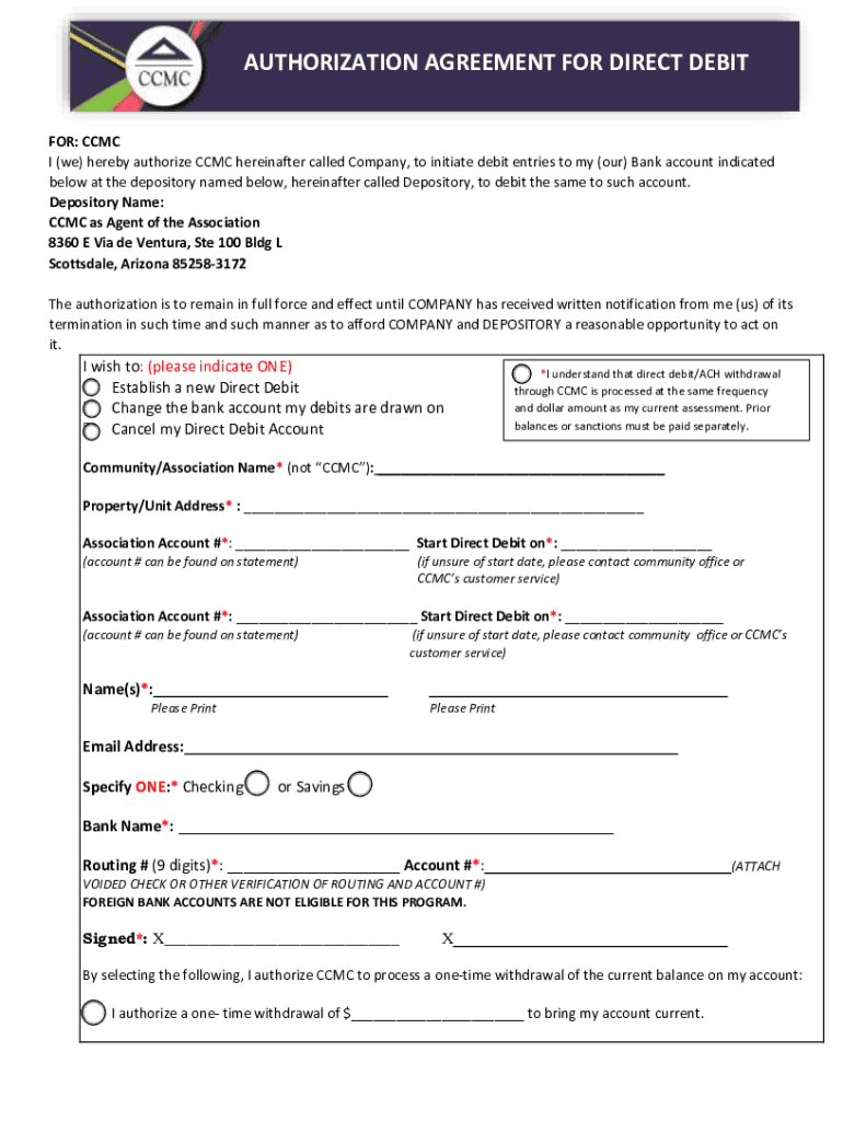 Fillable Online ccmc.wsformsdirect-debit-ach-agreementDirect Debit Payments (ACH) Authorization ...