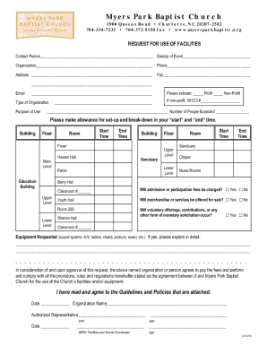 Fillable Online Myers Park Baptist Church FACILITY USE AGREEMENT Fax ...