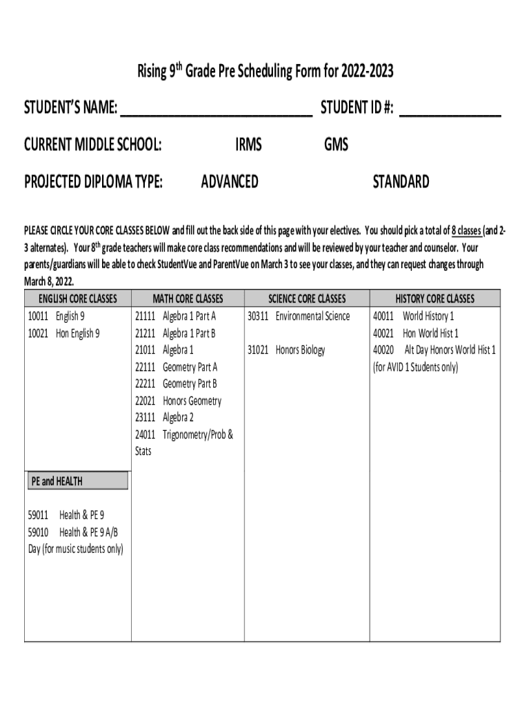 Fillable Online 2021-2022 Scheduling / Rising 9th Grade Course Request ...