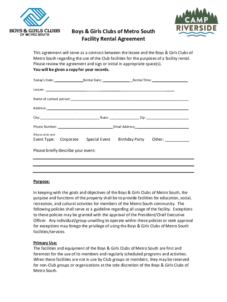 Fillable Online PDF Boys & Girls Clubs of Metro South Facility Rental ...
