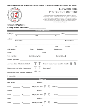 Fillable Online Employment Application Closing Date for Application ...