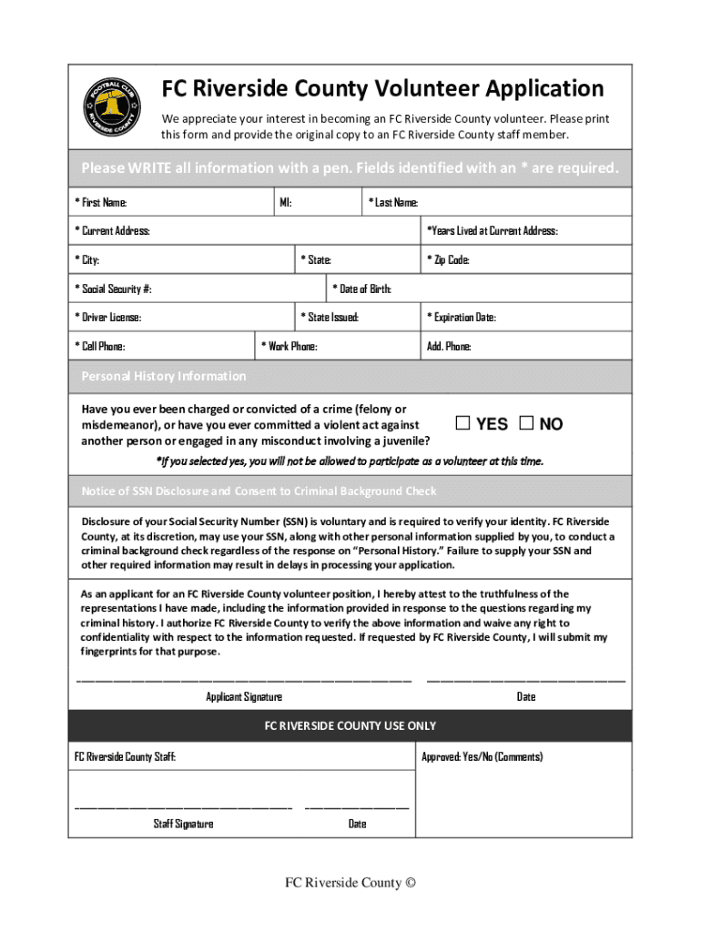 Fillable Online FC Riverside County Volunteer Application Fax Email ...