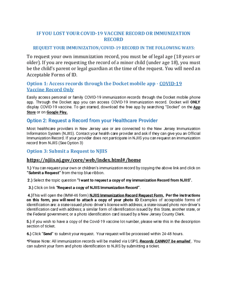Fillable Online Immunization Record Request Form thru NJIIS.docx Fax ...