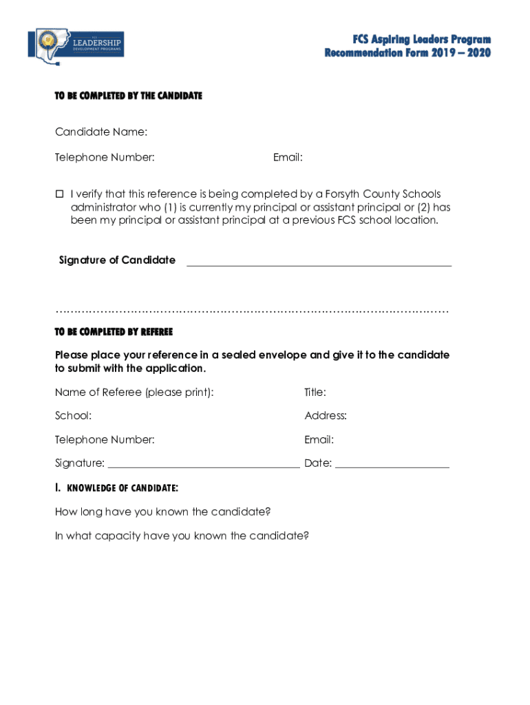 Fillable Online FCS Aspiring Leaders Program Recommendation Form 2019 ...