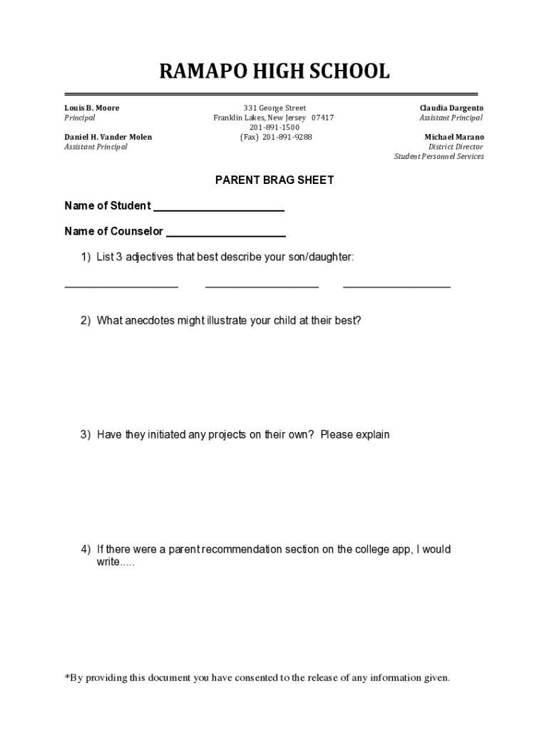 Fillable Online Class of 2014 Brag Sheet Fax Email Print - pdfFiller