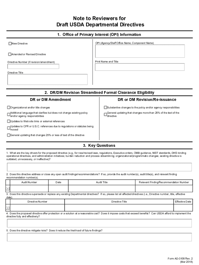 Fillable Online AD-3108 Note to Reviewers for Draft USDA Departmental Directives Fax Email Print ...