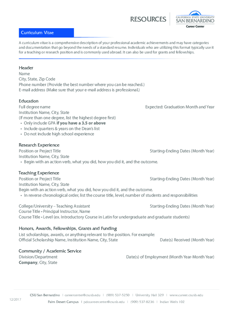 Fillable Online Curriculum Vitae (CV) Format Guide (With Examples and ...