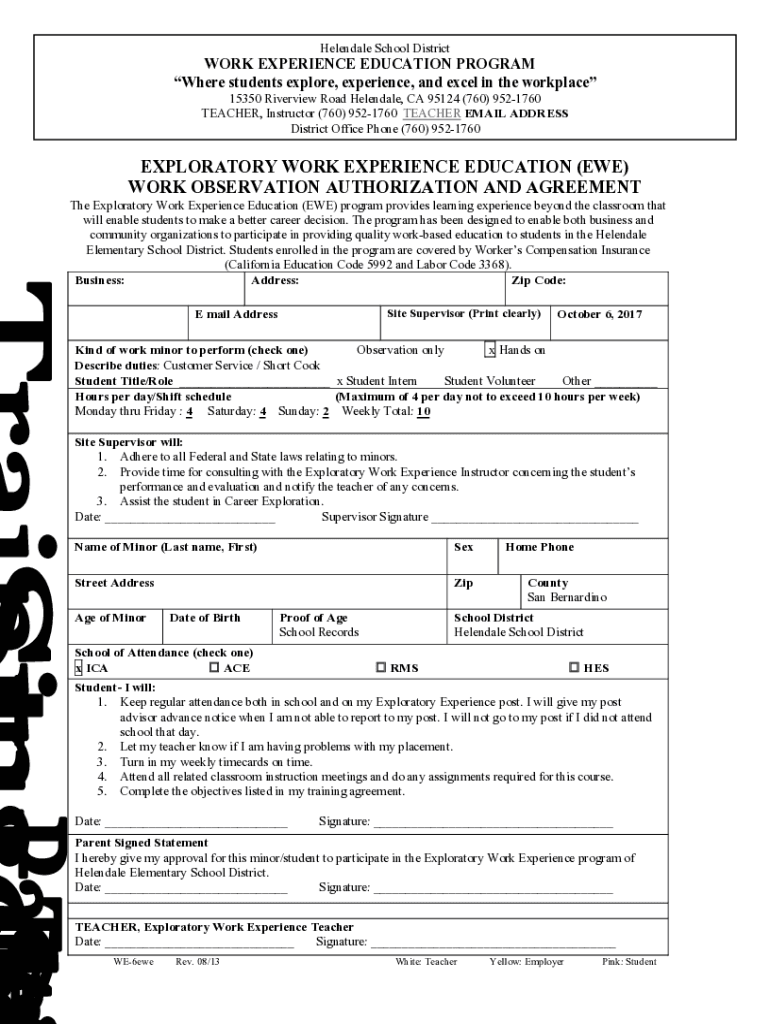 Fillable Online EXAMPLE Exploratory Work Experience Training Agreement ...