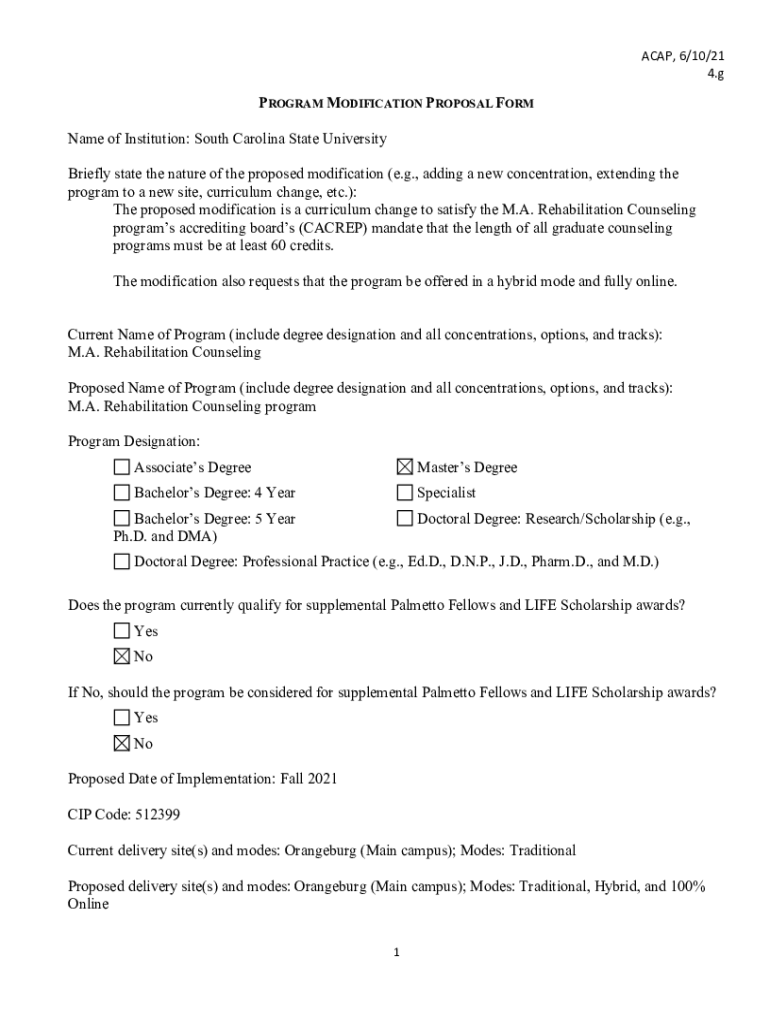 Fillable Online www.che.sc.govACAP2021JunePROGRAM MODIFICATION PROPOSAL ...