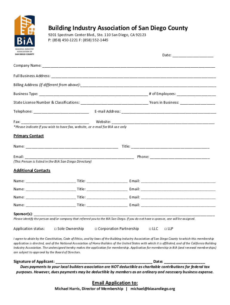 Fillable Online Building Industry Association of San Diego ...