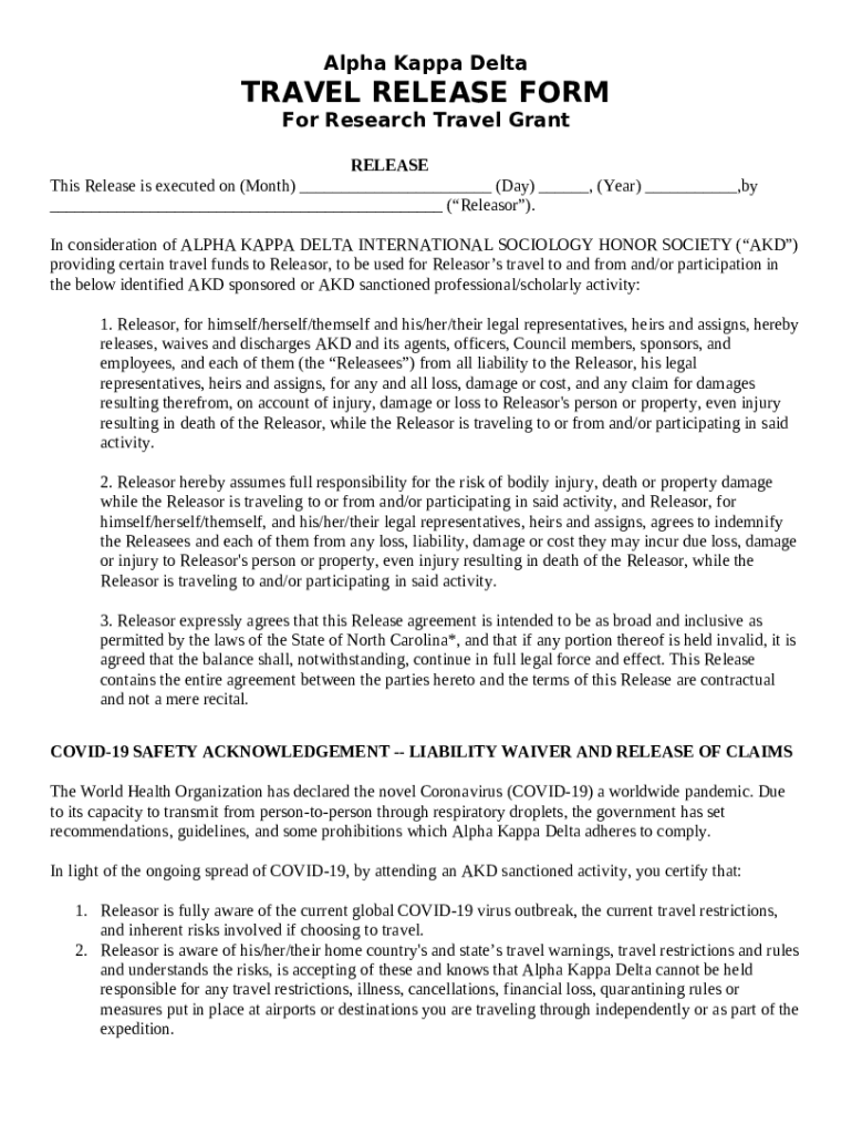 TRAVEL RELEASE Doc Template | pdfFiller