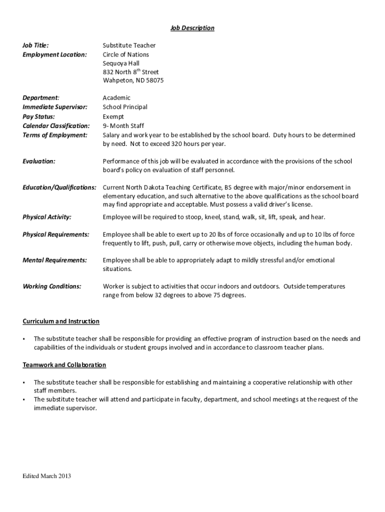 Fillable Online Substitute Teacher job description template - Workable ...