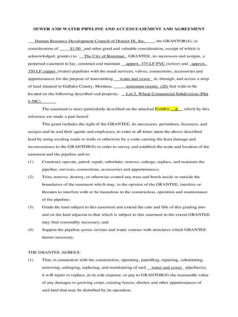 Fillable Online SEWER AND WATER PIPELINE AND ACCESS EASEMENT AND ...