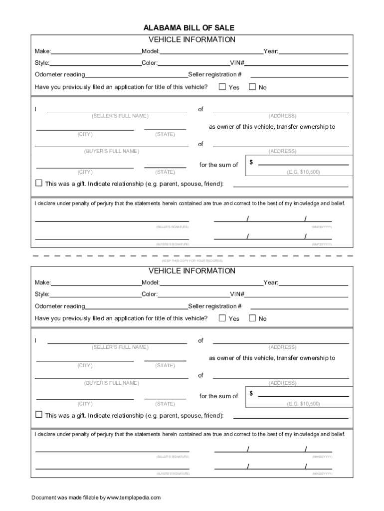 Fillable Online Alabama Motor Vehicle Bill of Sale Form Fax Email Print ...