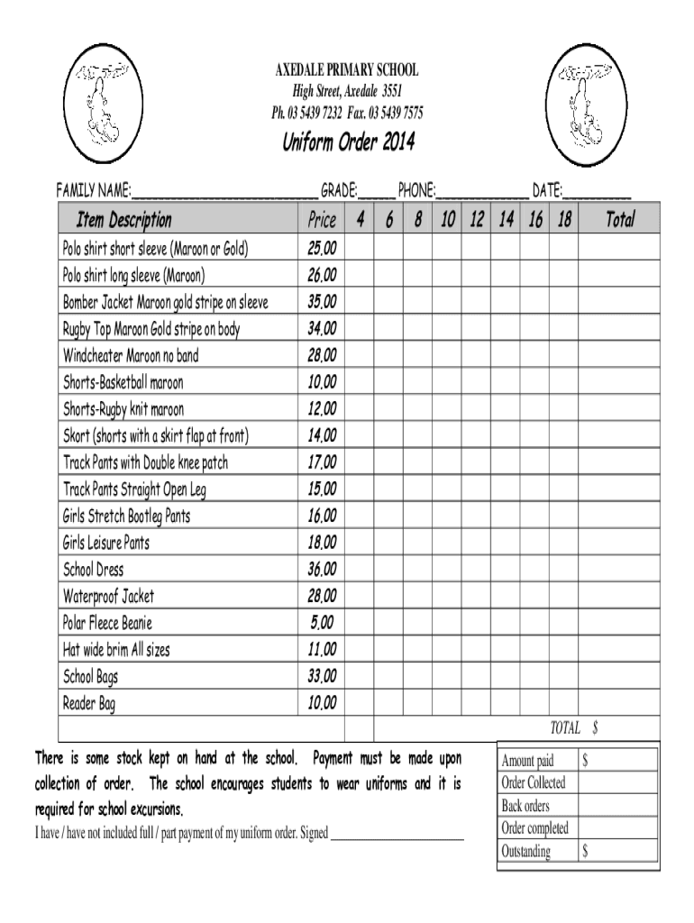 Fillable Online AXEDALE PRIMARY SCHOOL - Education - High St, Axedale ...